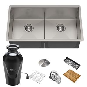 kraus kore™ workstation 33-inch undermount 16 gauge double bowl stainless steel kitchen sink with accessories (pack of 8) with wasteguard™ continuous feed garbage disposal, kwu112-33-100-75mb