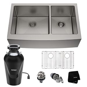 kraus standart pro™ 36-inch 16 gauge 60/40 double bowl stainless steel farmhouse kitchen sink with wasteguard™ continuous feed garbage disposal, khf203-36-100-75mb