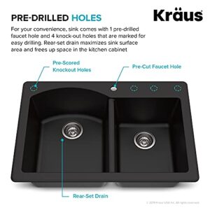 KRAUS Forteza™ 33” Dual Mount 60/40 Double Bowl Granite Kitchen Sink in Black with WasteGuard™ Continuous Feed Garbage Disposal, KGD-50BL-100-75MB