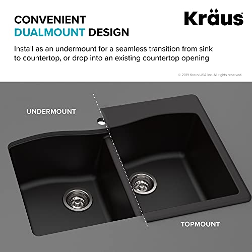 KRAUS Forteza™ 33” Dual Mount 60/40 Double Bowl Granite Kitchen Sink in Black with WasteGuard™ Continuous Feed Garbage Disposal, KGD-50BL-100-75MB