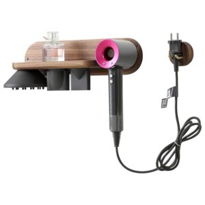 wood wall mount hair dryer holder for dyson supersonic, walnut bathroom rack magnetic wall bracket for dyson hair dryer power plug, diffuser and nozzles storage organizer