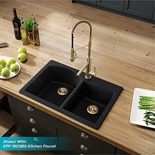 KRAUS Forteza™ 33” Dual Mount 60/40 Double Bowl Granite Kitchen Sink in Black with WasteGuard™ Continuous Feed Garbage Disposal, KGD-50BL-100-75MB