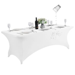 supero waterproof spandex table cover for 8ft table universal fitted stretch tablecloth for party, banquet, wedding and events-white