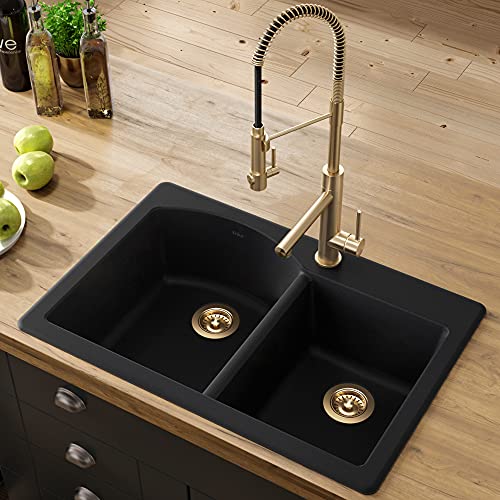 KRAUS Forteza™ 33” Dual Mount 60/40 Double Bowl Granite Kitchen Sink in Black with WasteGuard™ Continuous Feed Garbage Disposal, KGD-50BL-100-75MB