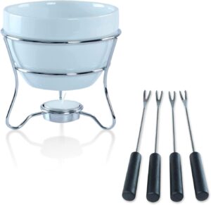 chocolate fondue pot butter warmer bowl set with 4 dipping forks & tea light holder – for the perfect melted,chocolate & cheese serving fondue set valentines day gifts (1)