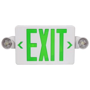 green led exit sign with emergency lights, two led adjustable head emergency exit lights with battery backup, dual led lamp abs fire resistance ul-listed 120-277v