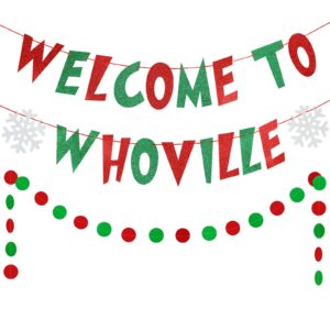 red and green welcome to whoville banner, grinchmas christmas decorations, merry grinchmas banner for fireplace mantle home, xmas birthday party decorations, christmas vacation holiday decoration