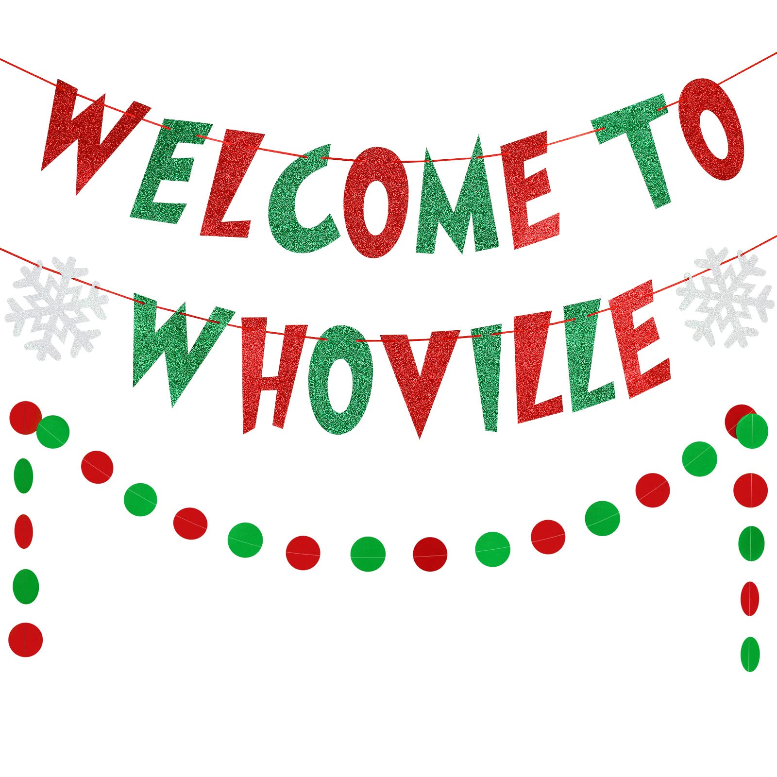 Red and Green Welcome To Whoville Banner, Grinchmas Christmas Decorations, Merry Grinchmas Banner for Fireplace Mantle Home, Xmas Birthday Party Decorations, Christmas Vacation Holiday Decoration