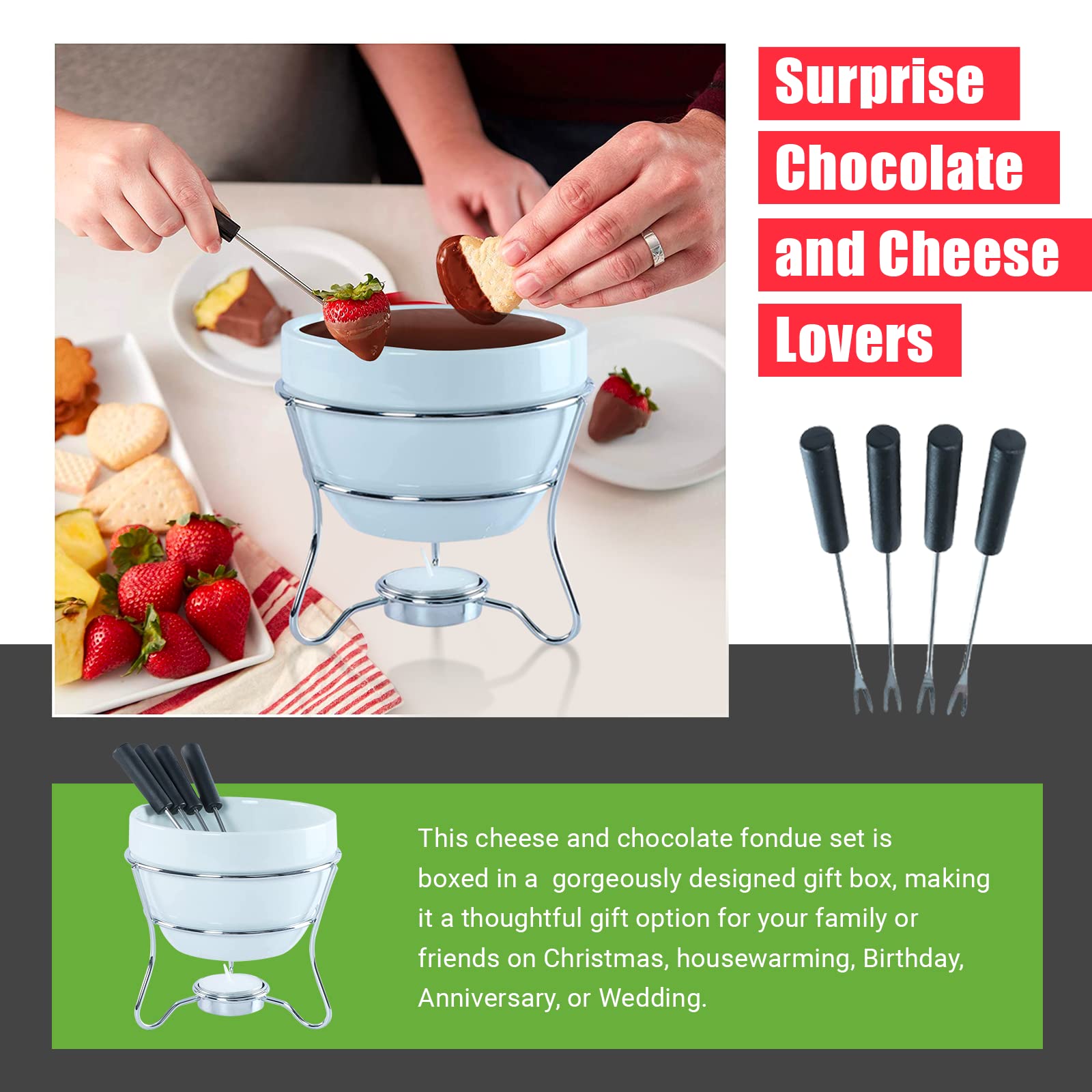 Chocolate Fondue Pot Butter warmer Bowl Set with 4 Dipping Forks & Tea Light Holder – For the Perfect Melted,Chocolate & Cheese Serving fondue set valentines day gifts (1)