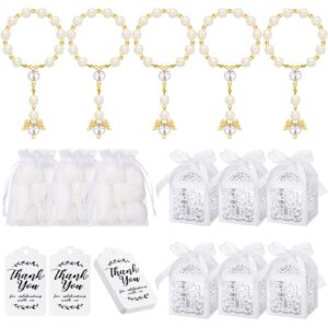 mtlee 100 pieces baptism rosary favors sets include mini small rosary with angel, baptism favor boxes, organza bags, thank kraft tags for baby shower wedding decor (gold)