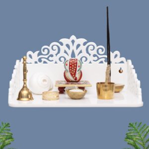 heartily : wall mounted white cast acrylic home pooja temple mandir puja room items stand home decor office chowki shelf hanging product (height- 6.25, length- 12 , width-9.0 inch) (white)