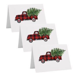 a little merry table place cards (pack of 25) for family dinner, buffet signs, christmas events, fold over favor tags - blank tented design rustic lumberjack holiday paper clever party