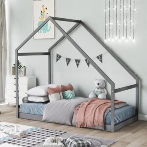 bellemave montessori bed for toddlers, twin house beds for kids, wood floor bed frame bedroom furniture for girls boys, spring needed, gray