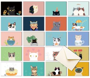 20 greeting cards, blank thank you cards with envelopes & stickers-cute cat bulk note cards stationery box set for all occasions birthday thank you wedding and more.cat greeting cards