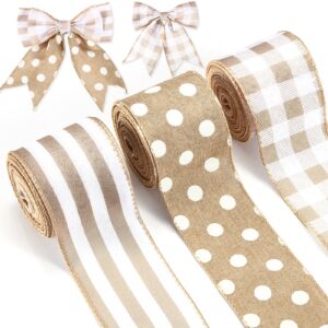 wiaxin 3 rolls burlap wired ribbons plaid wrapping striped gingham grosgrain ribbon dot pattern for diy crafts party home decoration, 2.5 inch x 15 yards (linen color), (wiaxin-ribbon-2055)