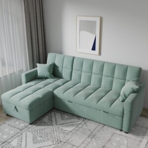 sectional sleeper sofa couch with pull out bed, sofa bed with storage chaise for living room, convertible l-shaped couch 3 seat with pillows (green)