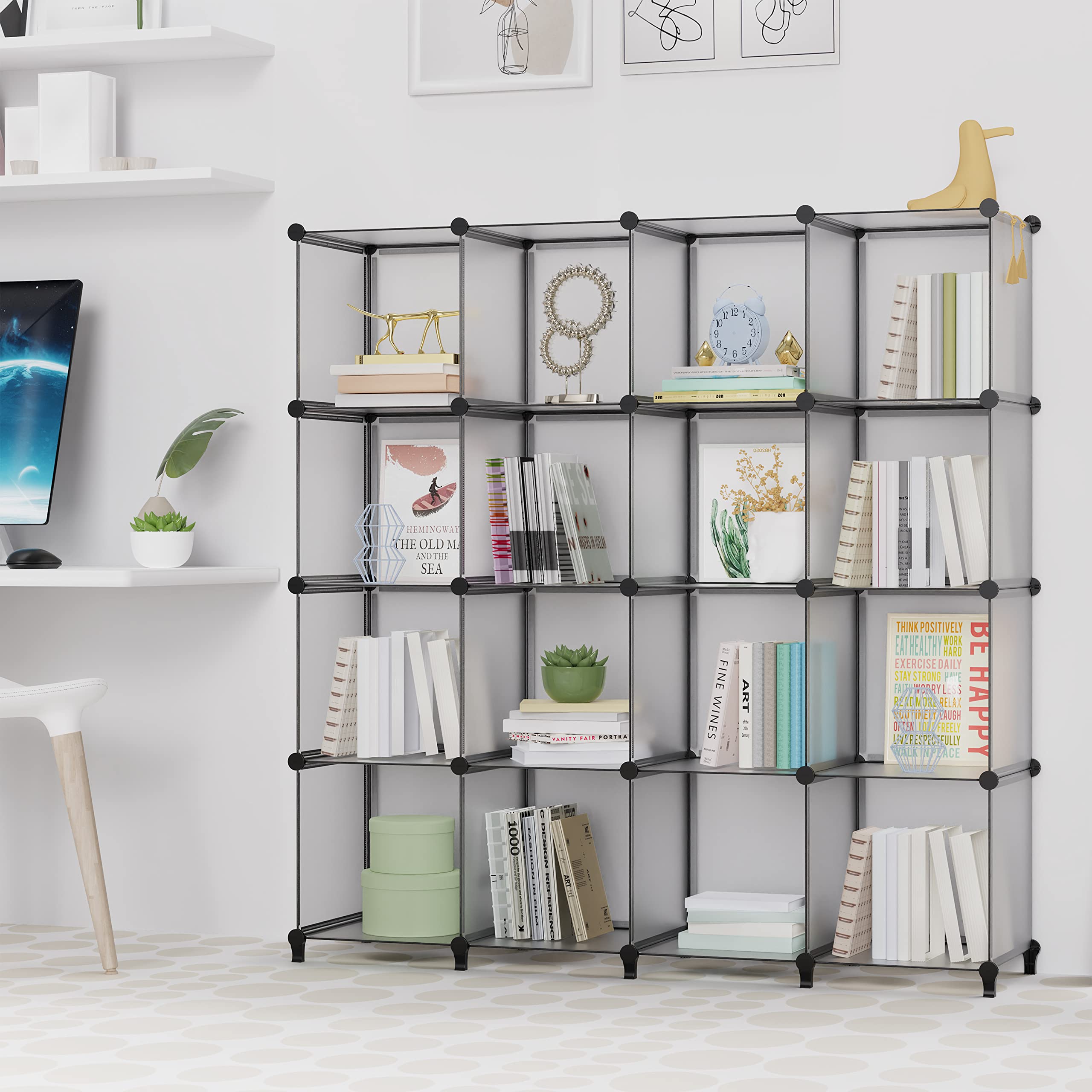 HOMIDEC Book Shelf 16 Cubes Bookcase Bookshelf Cube Storage Organizer Portable Display Bookshelf Kids Bookshelf Book Case for Study Room,Bedroom,Office,Living Room,Closet (47.2x11.8x47.2 inch)