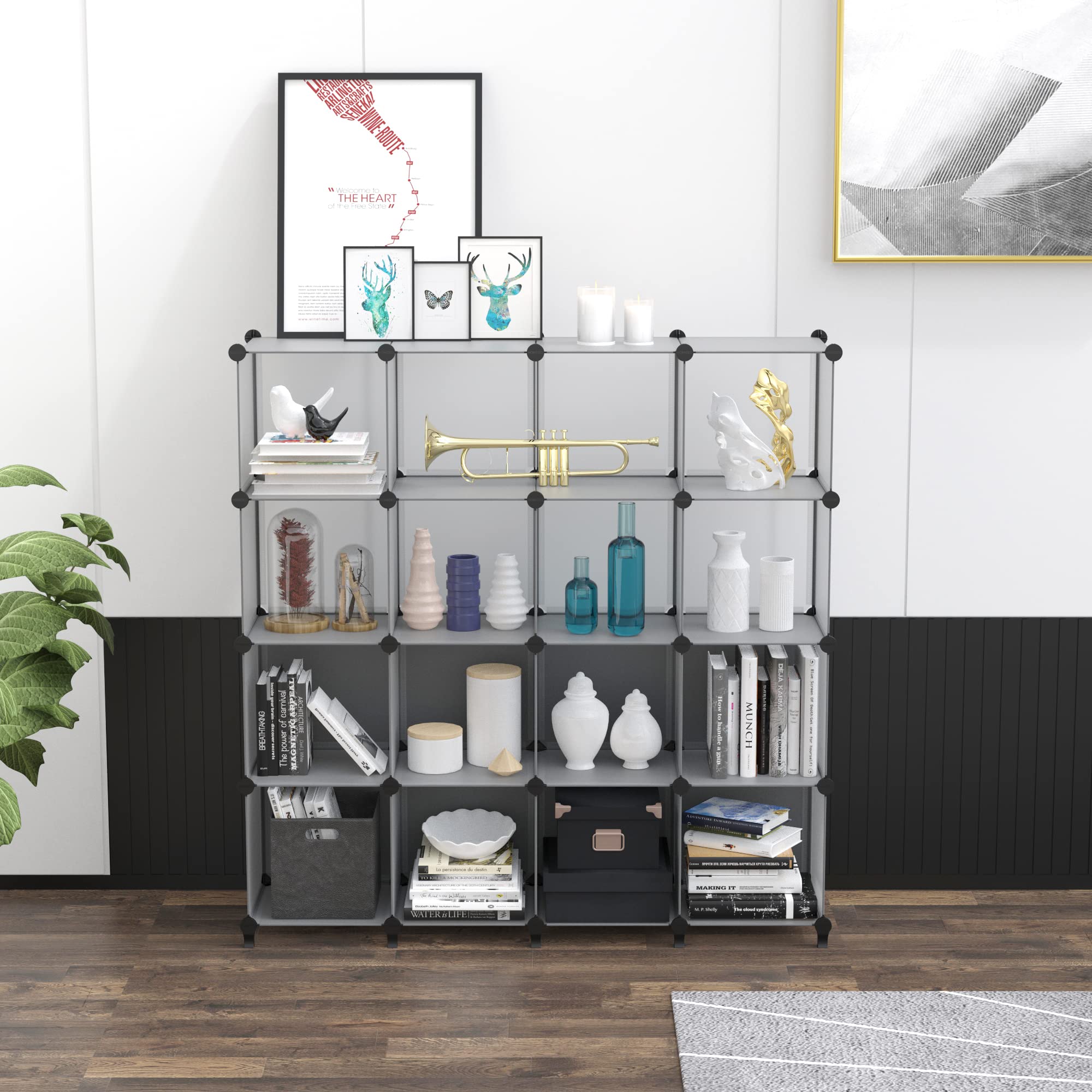 HOMIDEC Book Shelf 16 Cubes Bookcase Bookshelf Cube Storage Organizer Portable Display Bookshelf Kids Bookshelf Book Case for Study Room,Bedroom,Office,Living Room,Closet (47.2x11.8x47.2 inch)