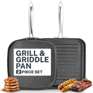 granitestone 2 pack nonstick 10.5” grill pan + flat griddle pan for stove top with 3x coated surface perfect for eggs pancakes steaks and more, stove top griddle for gas grill, oven safe, pfoa free