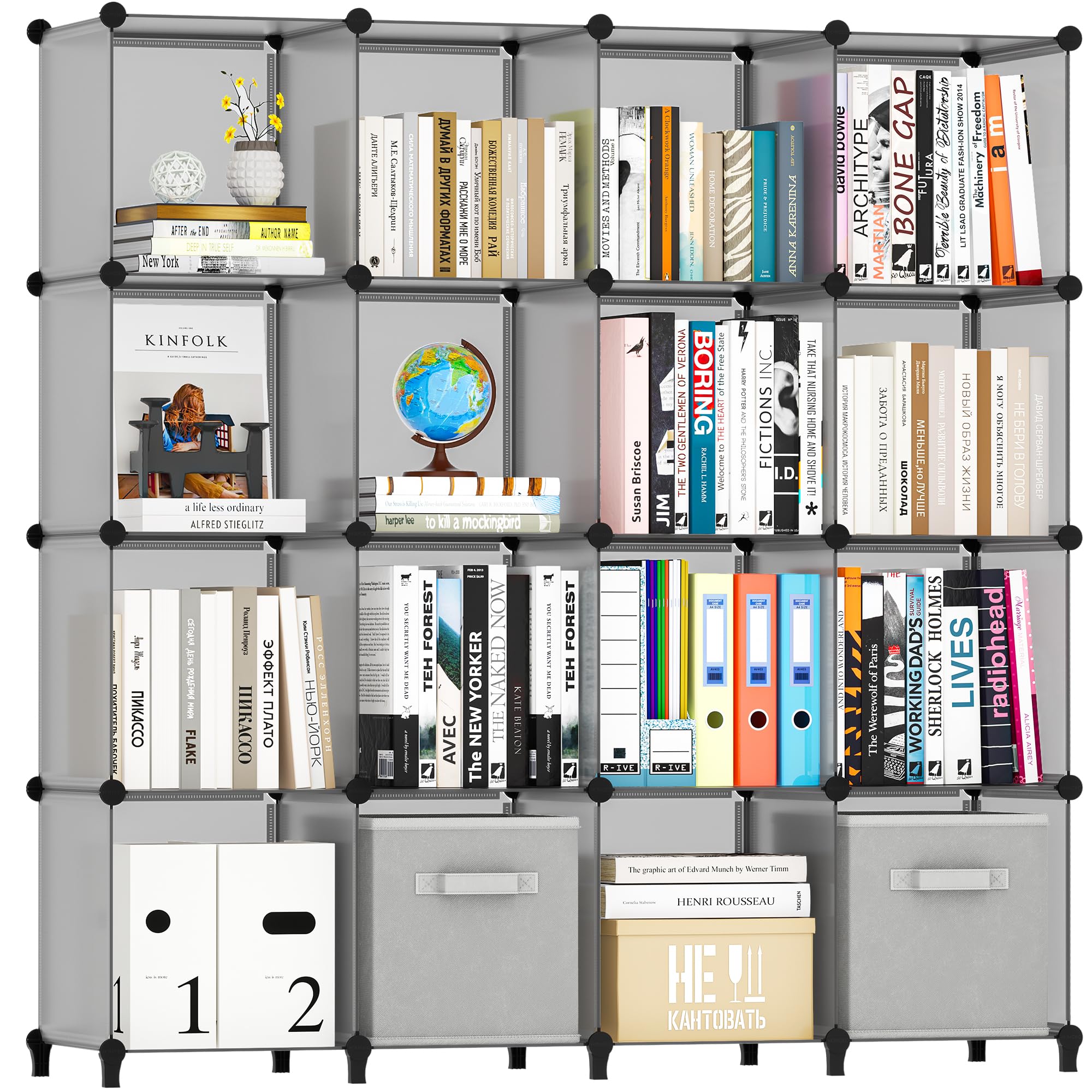 HOMIDEC Book Shelf 16 Cubes Bookcase Bookshelf Cube Storage Organizer Portable Display Bookshelf Kids Bookshelf Book Case for Study Room,Bedroom,Office,Living Room,Closet (47.2x11.8x47.2 inch)