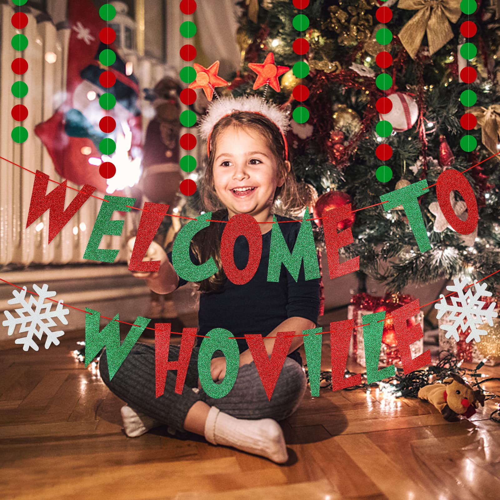 Red and Green Welcome To Whoville Banner, Grinchmas Christmas Decorations, Merry Grinchmas Banner for Fireplace Mantle Home, Xmas Birthday Party Decorations, Christmas Vacation Holiday Decoration