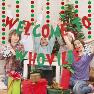 Red and Green Welcome To Whoville Banner, Grinchmas Christmas Decorations, Merry Grinchmas Banner for Fireplace Mantle Home, Xmas Birthday Party Decorations, Christmas Vacation Holiday Decoration