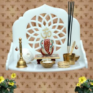 heartily : wall mounted white cast acrylic home pooja temple mandir puja room items stand home decor office chowki shelf hanging product (height- 9.92, length- 12 , width-9.0 inch) (white)