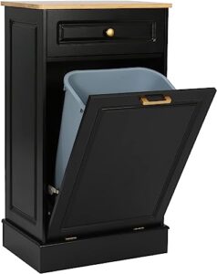 scurrty 20.5'' wooden tilt out trash can cabinet for kitchen island,tilt out bin for trash disposal recycling, handmade solid wood hideaway trash holder for laundry hamper with drawer (black, single)