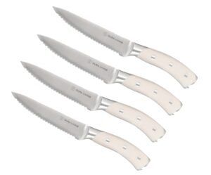 dura living 4-piece serrated kitchen steak knife set – forged high carbon stainless steel, ultra sharp, ergonomic black handles, durable dinner knives, cream handle