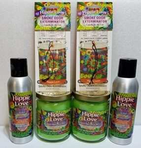 smoke odor exterminator hippie love includes two 13 oz jar candles two 7 oz spray & two car hangers all in one bundle.