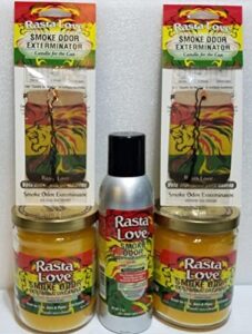 smoke odor exterminator rasta love, includes two 13 oz jar candle one 7 oz spray & two car hangers all in one bundle