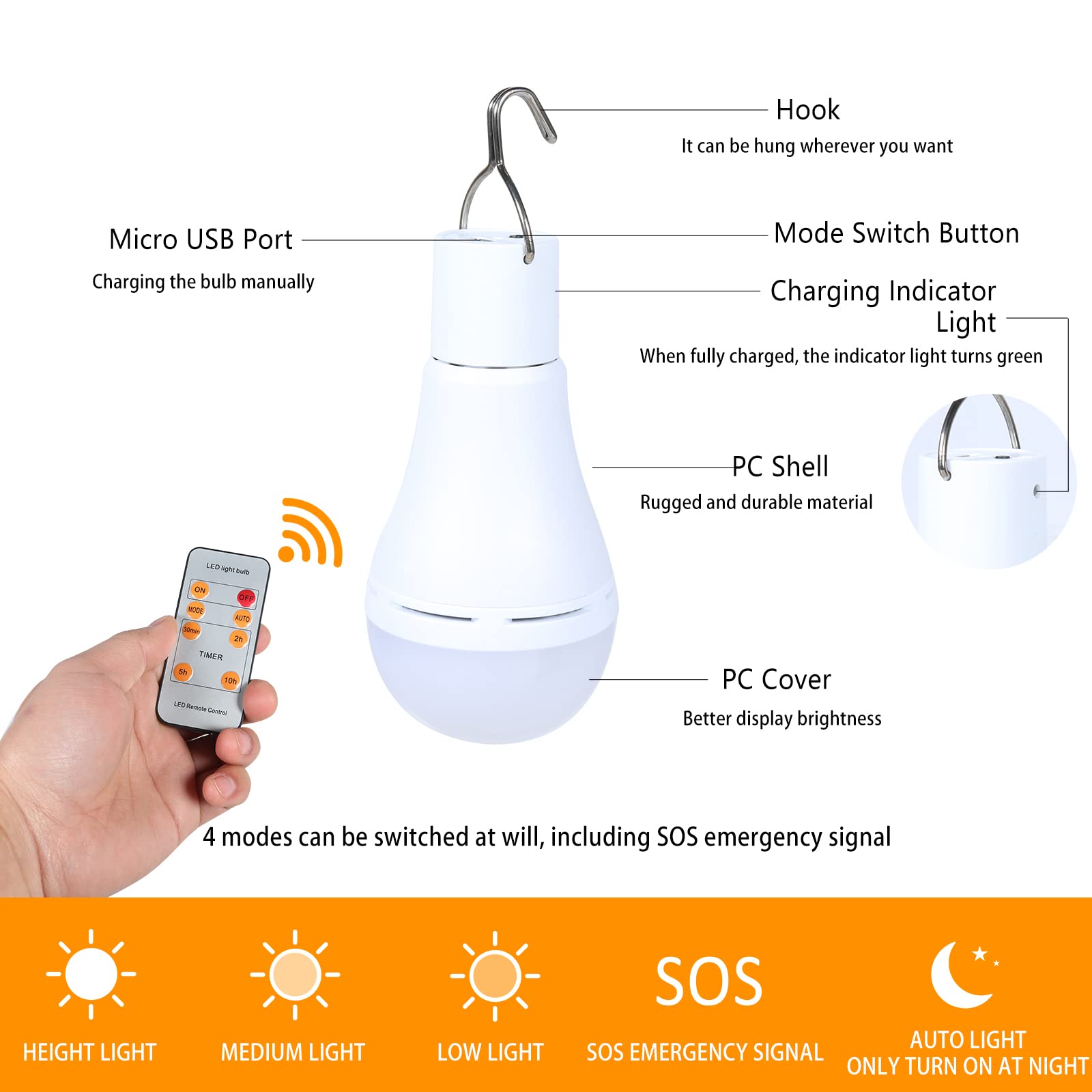 CCGKX Solar Light Bulbs Rechargeable with Remote Timer, 4 Modes Solar Powered Lantern for Indoor&Outdoor Chicken Coop Hurricane Emergency Lighting Hiking Camping (White, 300lm-2pack)