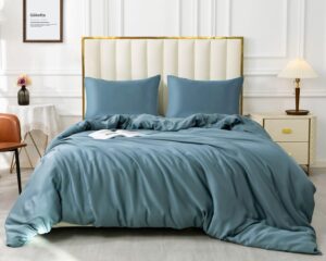 gokotta duvet cover queen size, rayon made from bamboo, soft duvet cover set 3 piece with button closure, 1 duvet cover 90 x 92 inches with corner ties and 2 envelope pillow shams(blue,queen)