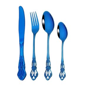 snplowum royal 24-piece blue mirror silverware dinnerware, 18/10 stainless steel luxury flatware service for 6 include knives/forks/spoons/teaspoons, dishwasher safe