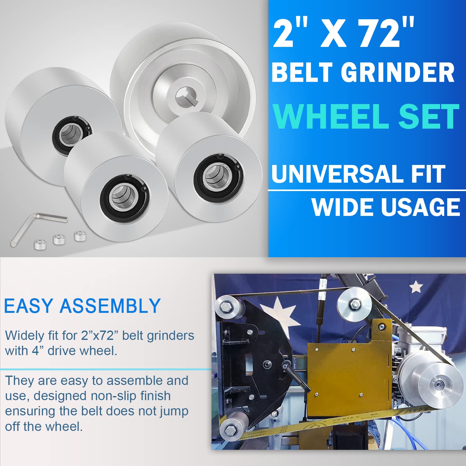 Belt Grinder 2" x 72" Wheel Set Complete Belt Knife Grinder Wheel Set Aluminum Wheel Crowned for Knife Grinder 4" Drive 5/8" Bore 3" Track 2" Idler (4" 5/8-3" - 2")