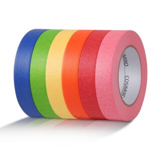 cosimixo 6-pack colored masking tape 0.94 inch x 60yds of colorful craft tape – vibrant rainbow color teacher tape, great for art, lab, labeling & classroom decorations