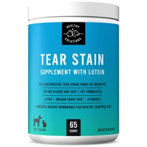 tear stain remover for dogs plus lutein - supplement for white dogs & all other dog breeds - eliminates unsightly eye tear stains for dogs & cats - 65 soft chews enhanced with cranberry extract