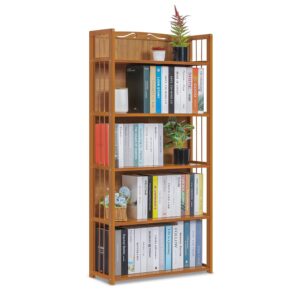 monibloom bamboo bookcase with decorative carvings, bamboo 5-tier adjustable book shelf stand storage organizer for living room kitchen office garden, natural