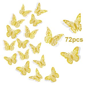 insuwood 72 pcs 3d butterfly wall decor stickers, 3 styles 3 sizes gold butterfly decorations for butterfly party birthday cake decorations, flower bouquet butterflies for wedding room decor