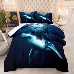 ninenine boys blue shark bedding sets twin size for teens kids,boys navy blue comforter fish ocean bed set-includes 1 comforter with matching pillowcase