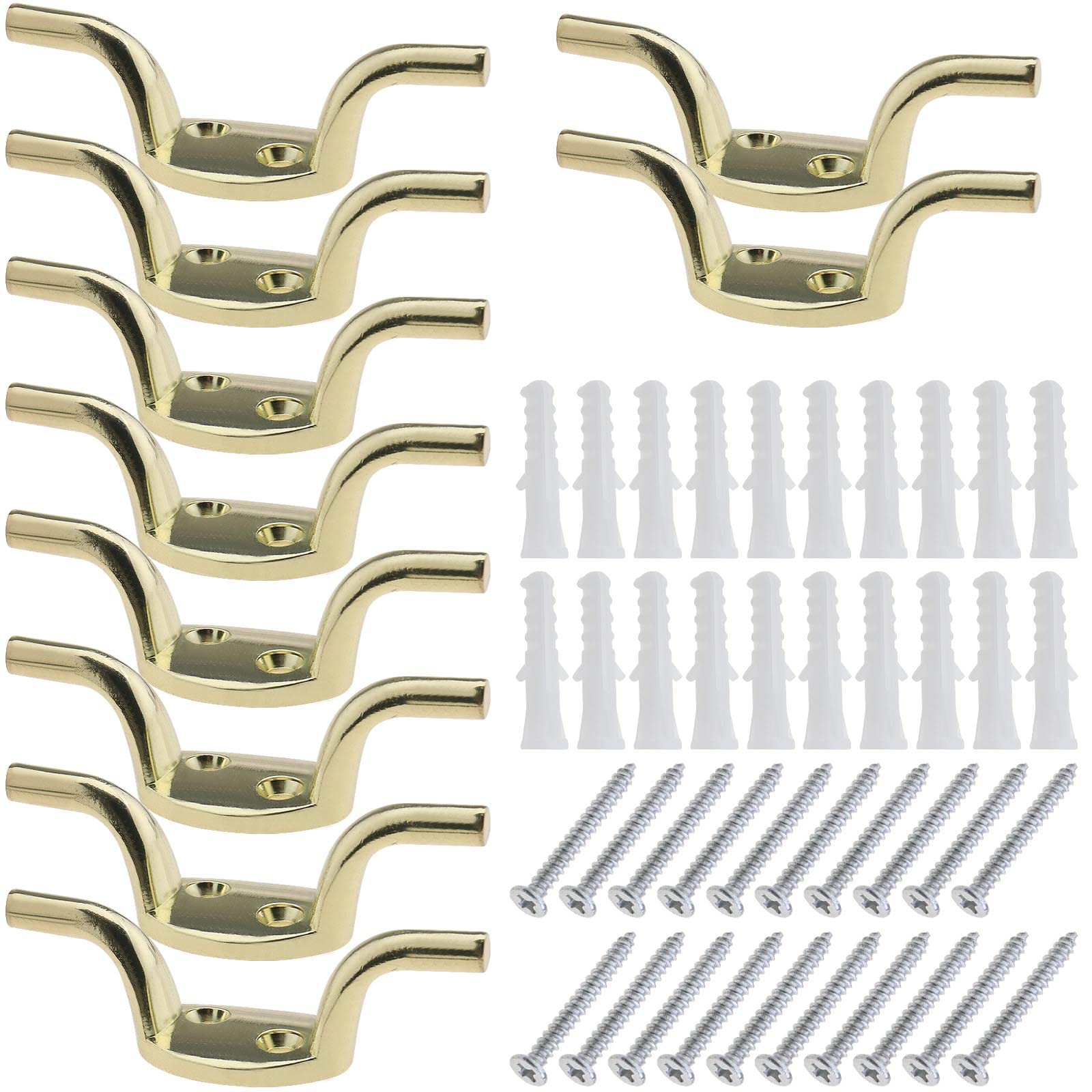 SING F LTD 10PCS Cleat Hooks for Clothesline Washing Line Flagpole Boat Awning Curtain Blind Cord with 20PCS Screws and 20PCS Expansion Nuts Hardware Golden Zinc Alloy