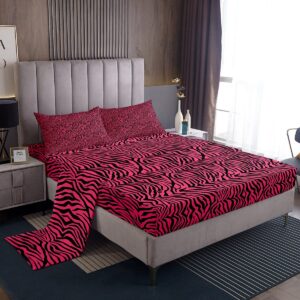 girls pink black fitted sheet zebra stripes bed sheet set safari animal print bedding set for boys girls kids room decor zoo animal fur print lightweight bed cover full size 4pcs bedding sheets