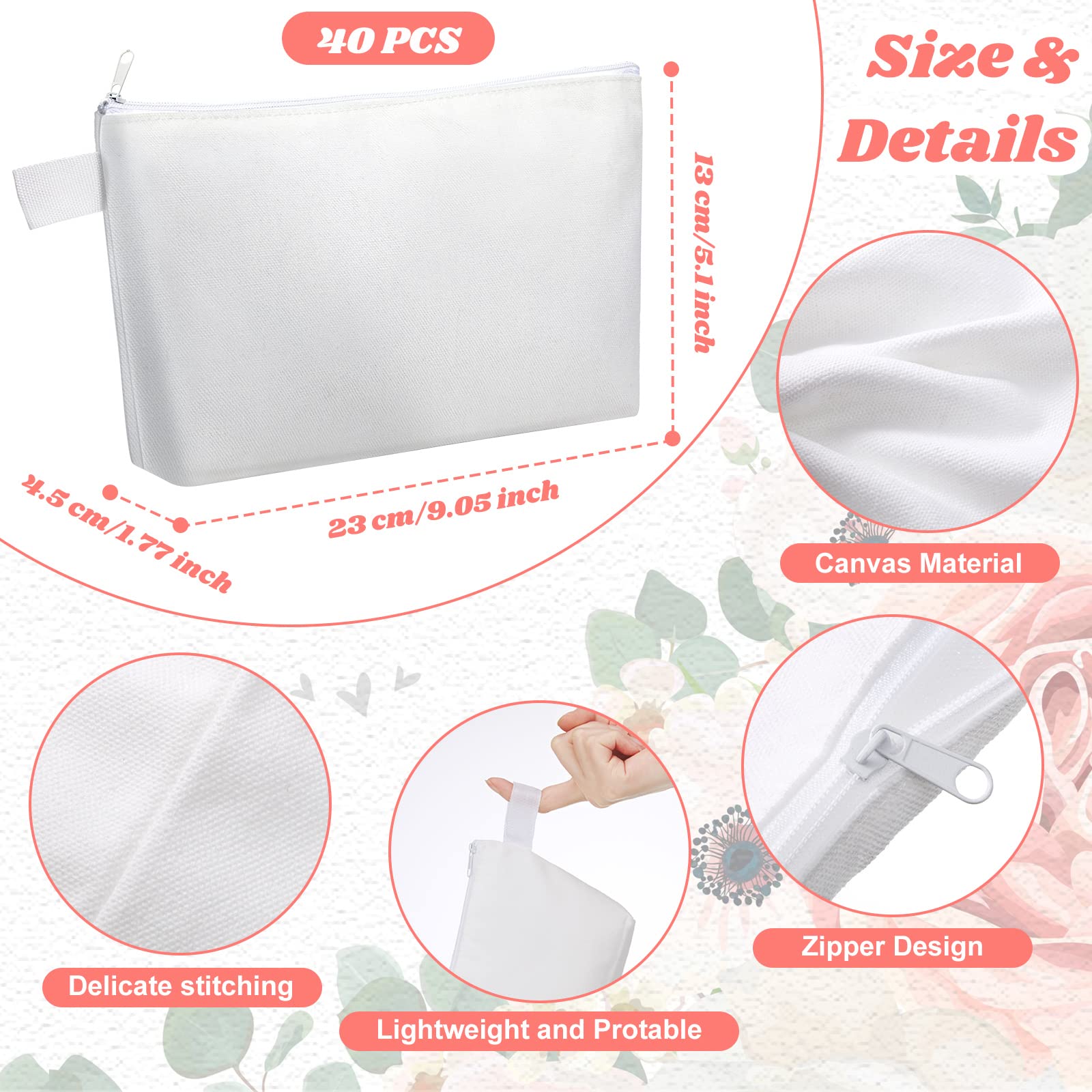 40 Pcs Blank Canvas Bag Sublimation Cosmetic Canvas Pouch (5 x 9 x 1.8 Inches)