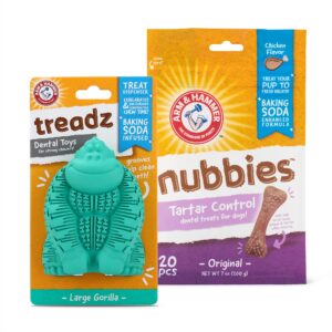 arm & hammer for pets dental chew toy and dentral treats for dogs | bundle includes 1 gorilla chew toy and 20 pc chicken flavor nubbies dog treats | reduce plaque & tartar | safe for dogs up to 35 lbs