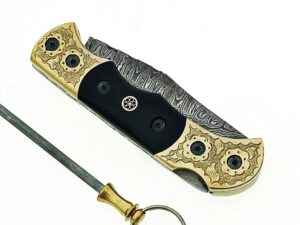 damascus steel blade folding pocket hunting lock knife with real leather sheath for camping fishing outdoor. sm106