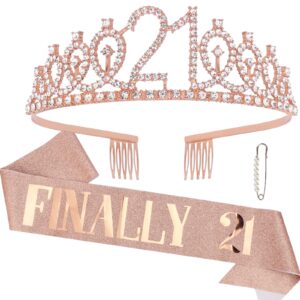 cavetee rose gold finally 21 birthday sash and crown for women 21st birthday tiaras and sash set for women birthday decorations rose gold birthday queen crowns tiaras for women