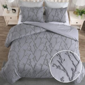 queen size duvet cover set - 3-piece shabby chic branches tufted embroidery duvet cover set for all seasons, grey, 90 x 90 inch