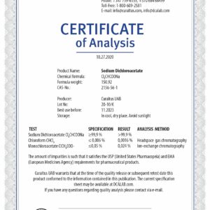 DCA - Sodium Dichloroacetate 500mg, 60 Capsules, Purity >99.9%, Made in Europe, by DCA-LAB, Certificate of Analysis Included, Tested in a Certified Laboratory, Buy Directly from Manufacturer