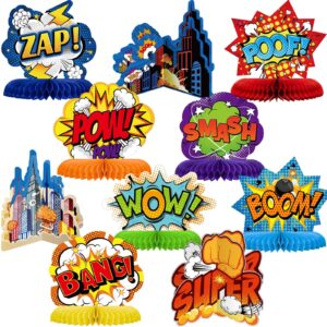 10 pieces hero themed party decorations honeycomb centerpieces action sign table topper sign standing cards for birthday party baby shower decor supplies