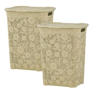 superio laundry hamper with lid lace design 50 liter – 2 pack laundry hamper basket with cutout handles, rectangular shape modern style bin -dirty cloths storage (beige 2 pack)